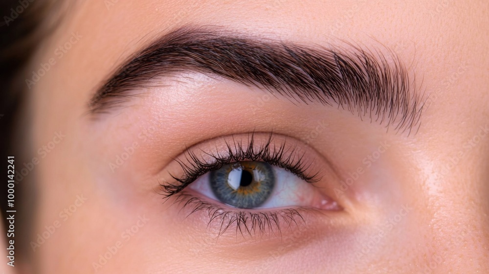 A close-up of beautifully shaped, thick eyebrows on a woman's face ...