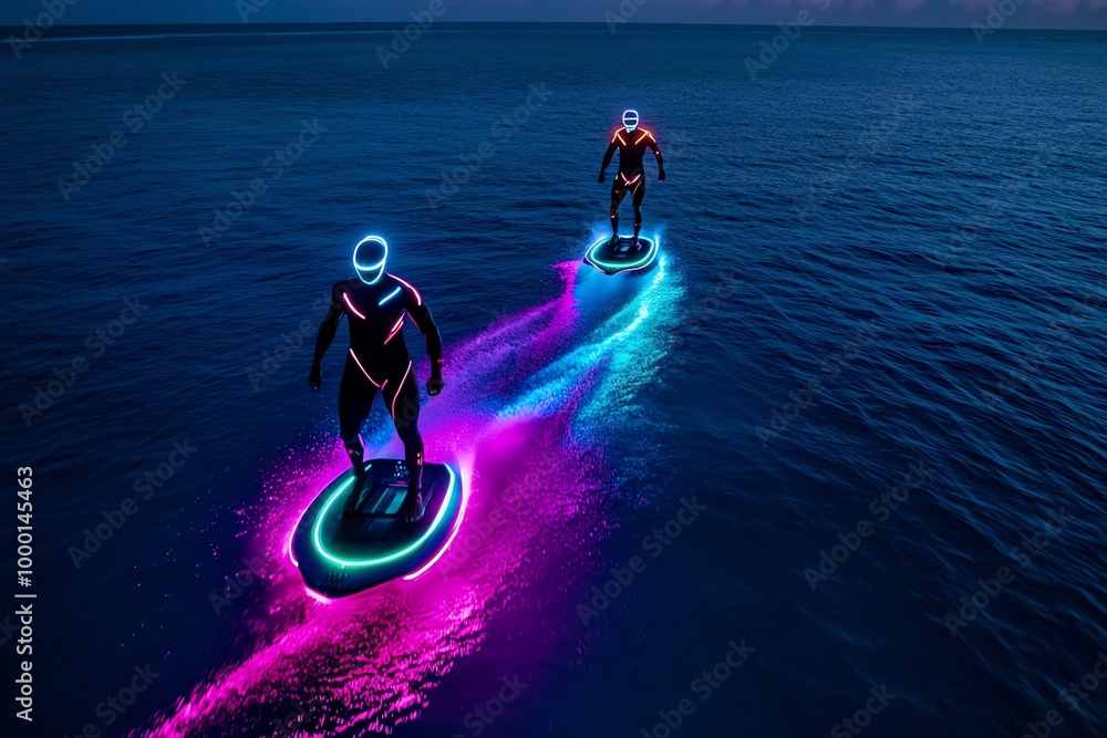 Futuristic water sport with hoverboards over the ocean, where athletes ...
