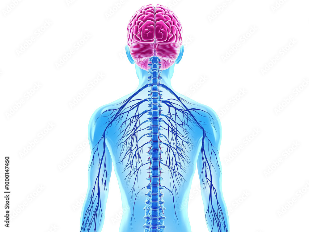 Nervous system pathways with brain and spinal cord, solated on ...