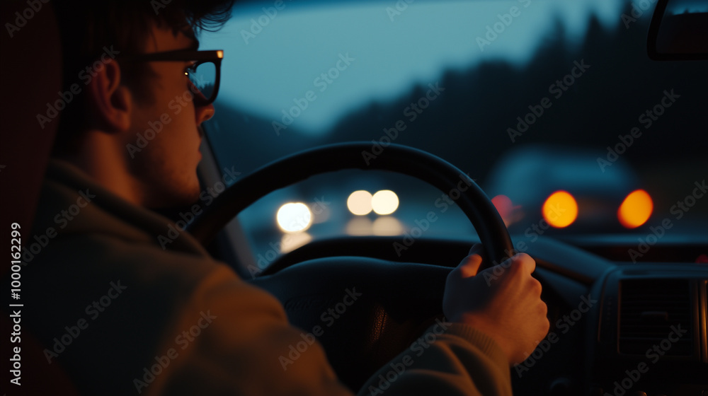 A young man driving at night with his hands firmly on the steering ...
