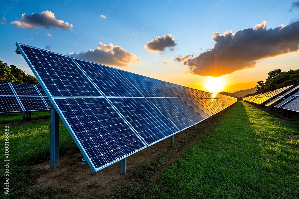 Hyper-realistic image of a solar farm at sunset, with the panels ...