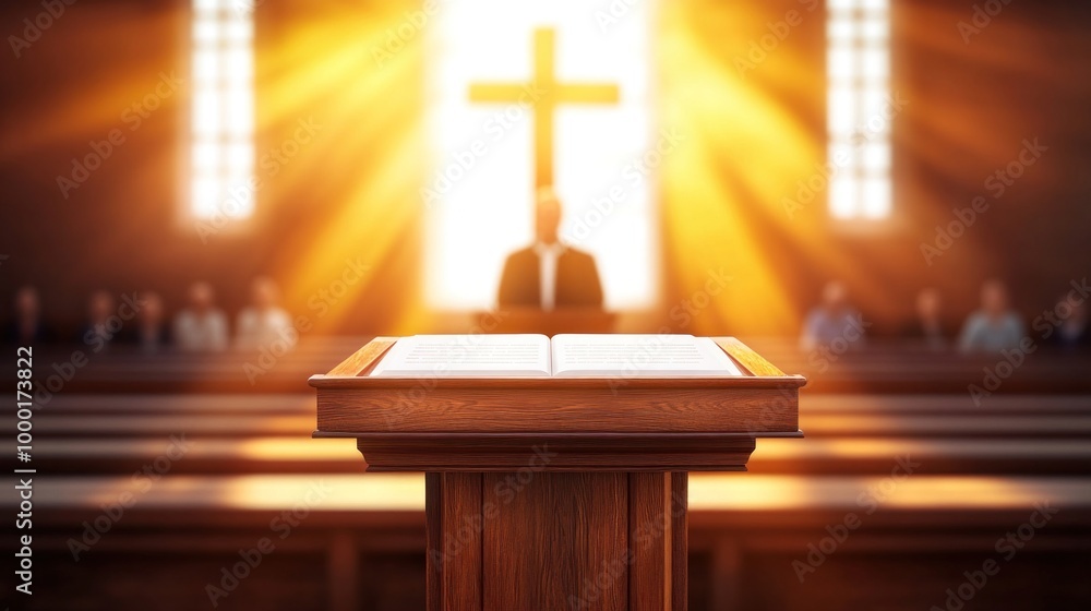 Sunlight streams through tall church windows, highlighting a wooden ...