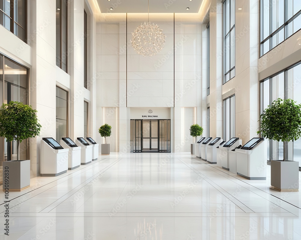 Corporate bank lobby with white marble floors, digital kiosks, and a ...