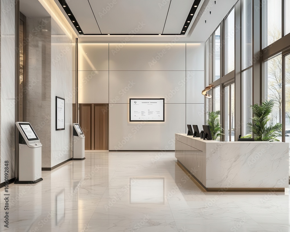 Corporate bank lobby with white marble floors, digital kiosks, and a ...