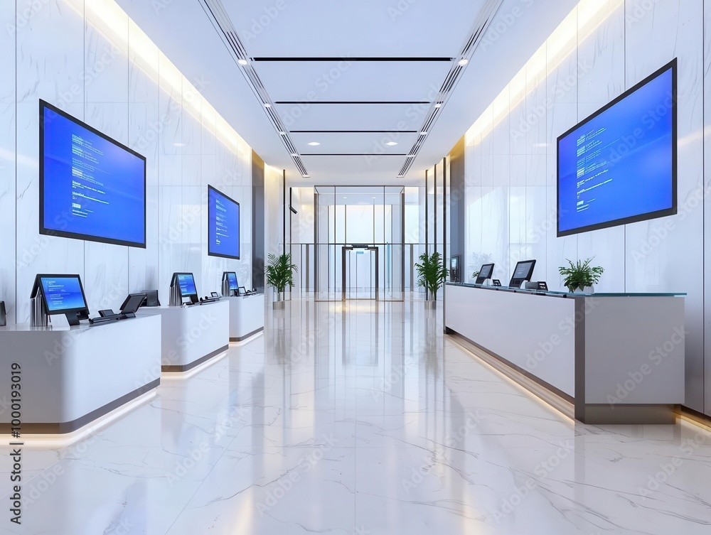 Bank lobby with digital financial screens, sleek counters, and marble ...