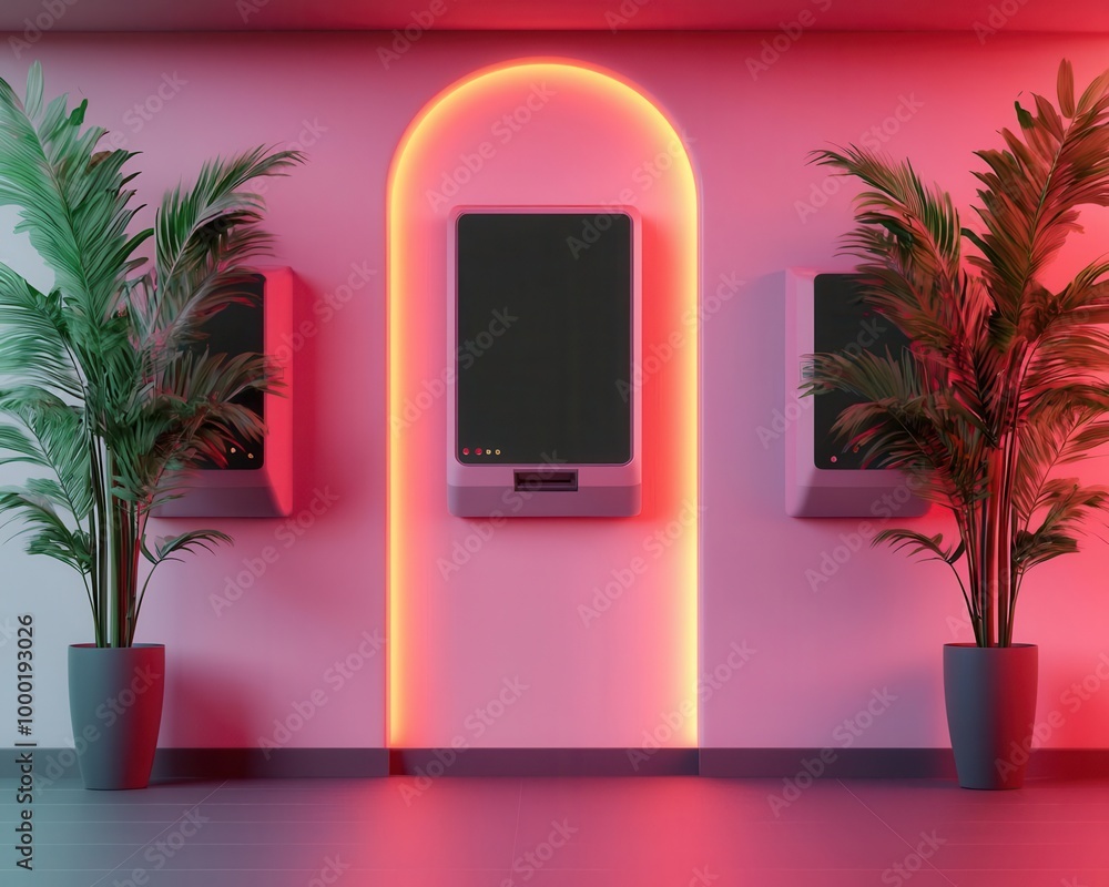 Futuristic bank lobby with automated teller kiosks, glass partitions ...