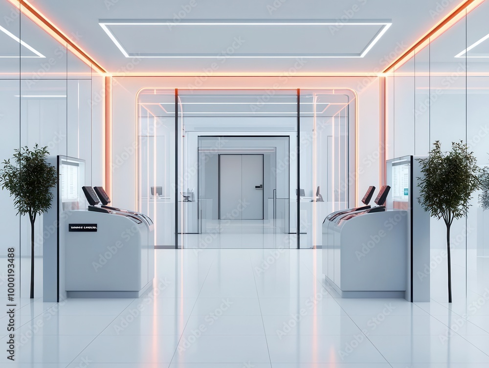 Futuristic bank interior with AI-powered tellers, glass walls, and ...