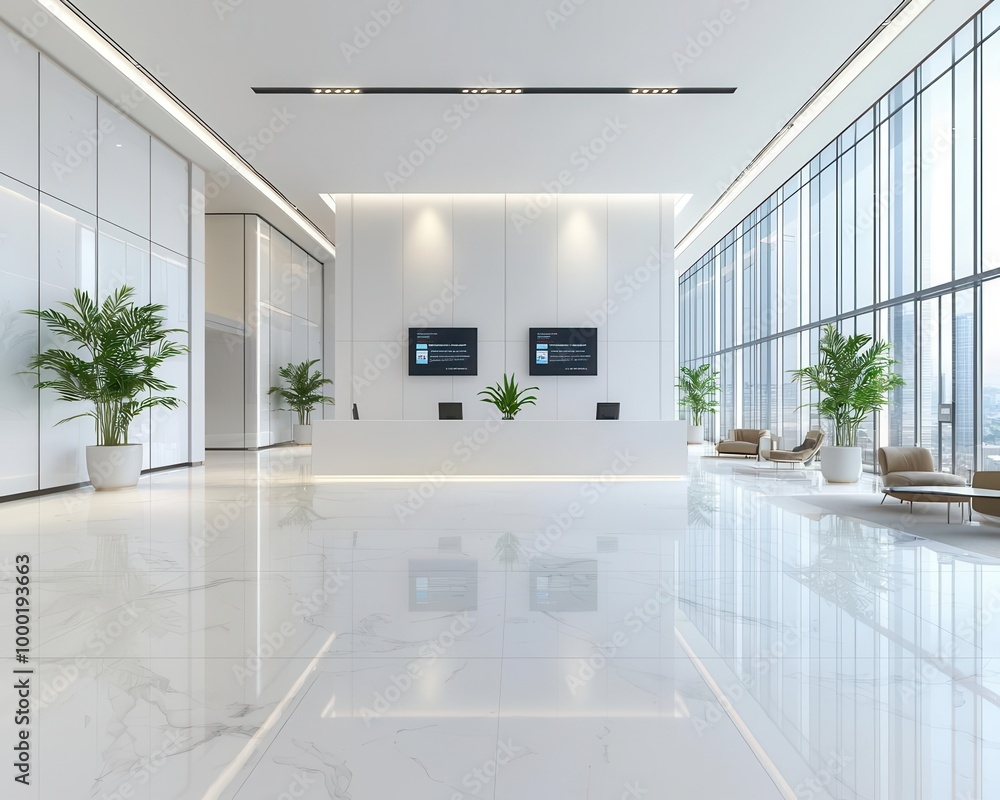 Modern bank lobby with sleek white marble floors, minimalist furniture ...