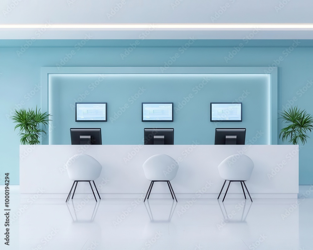 High-tech bank interior with automated teller machines, holographic ...