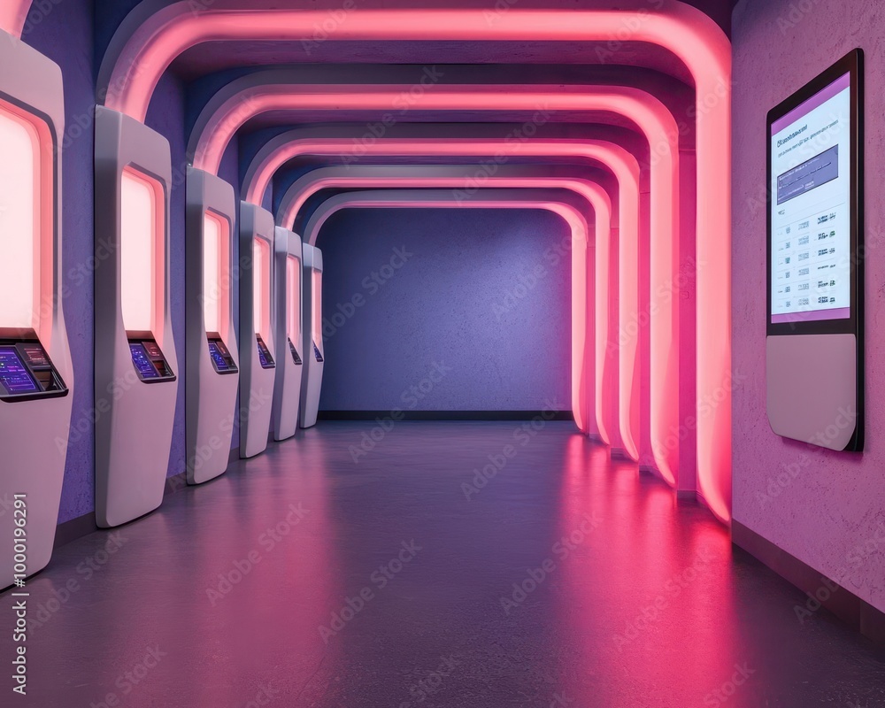Digital bank lounge with VR service booths, holographic teller machines ...