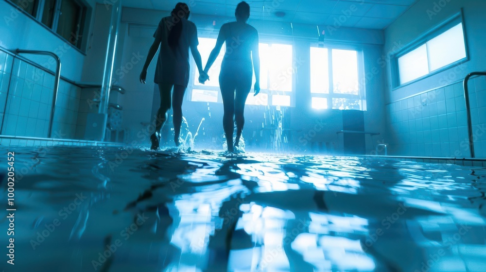 Aquatic therapy in hospital pool with therapist helping patient walk ...