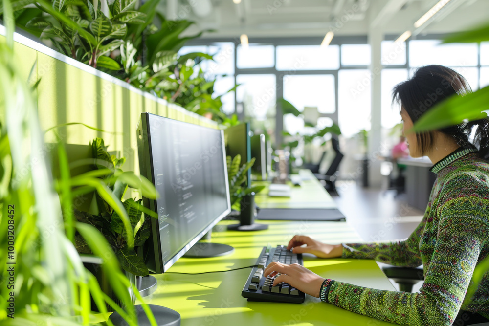 Bright natural light embraces a green office as hands navigate an ...