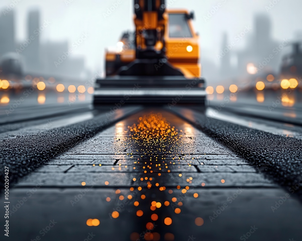 Road paving project in a futuristic city, where robotic machines lay a ...