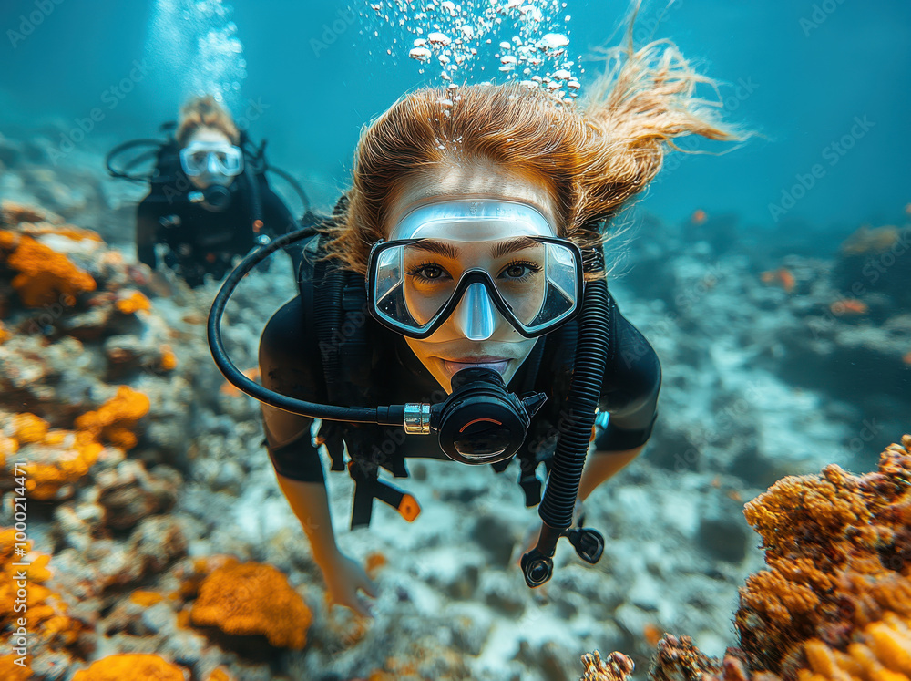 Attractive female scuba diver with long ponytails exploring a vibrant coral reef in the ocean ...