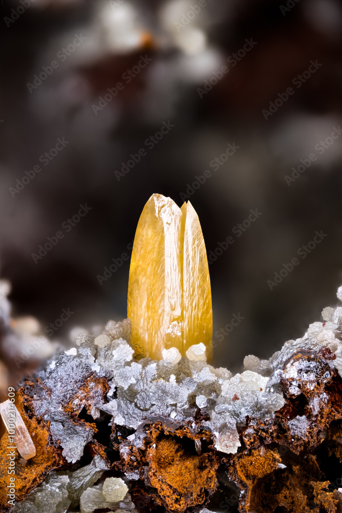 Green mimetite with elongated pyramidal yellow Wulfenite. Specimen from ...