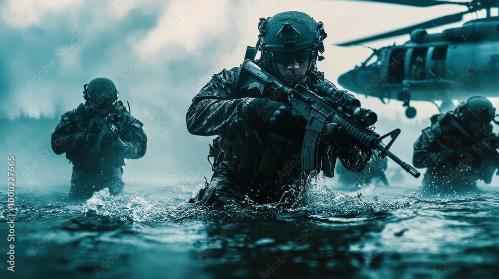 A group of Navy SEALs in full tactical gear, ready to deploy from a ...