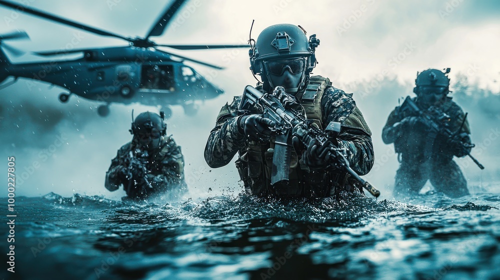 A group of Navy SEALs in full tactical gear, ready to deploy from a ...