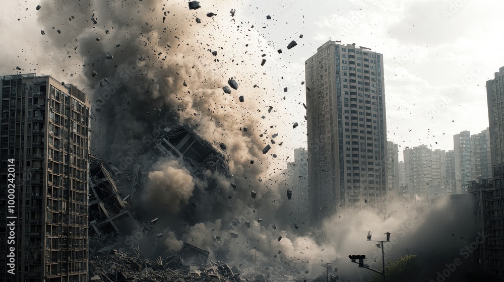 Skyscrapers and residential structures in mid-collapse, with debris and dust clouds filling the ...