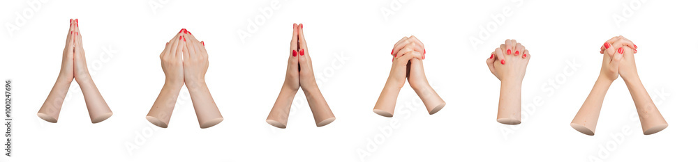 Intertwined entwined fingers and praying palms together, hand gestures ...
