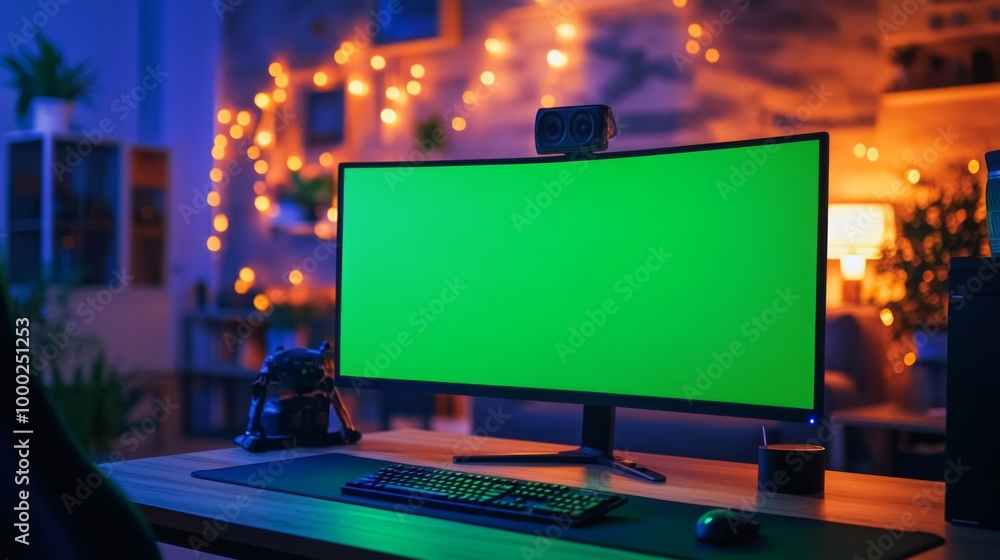 Modern Gaming Setup with Green Screen Monitor Stock Photo | Adobe Stock