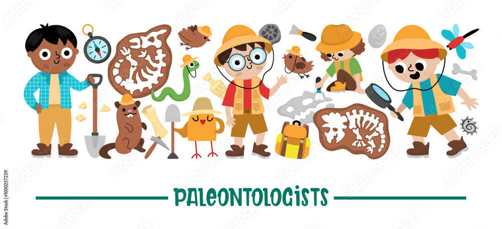 Vector horizontal paleontologist border set. Prehistoric animal ...