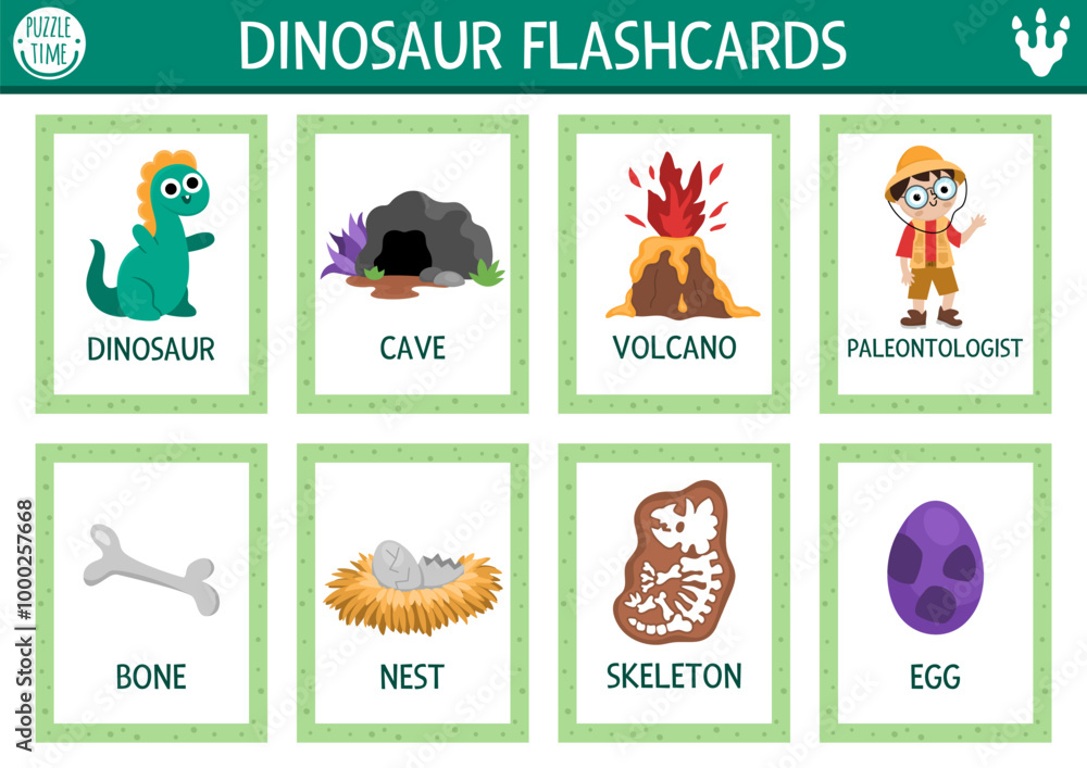 Vector dinosaur flash cards set with volcano, cave, nest, egg. English ...