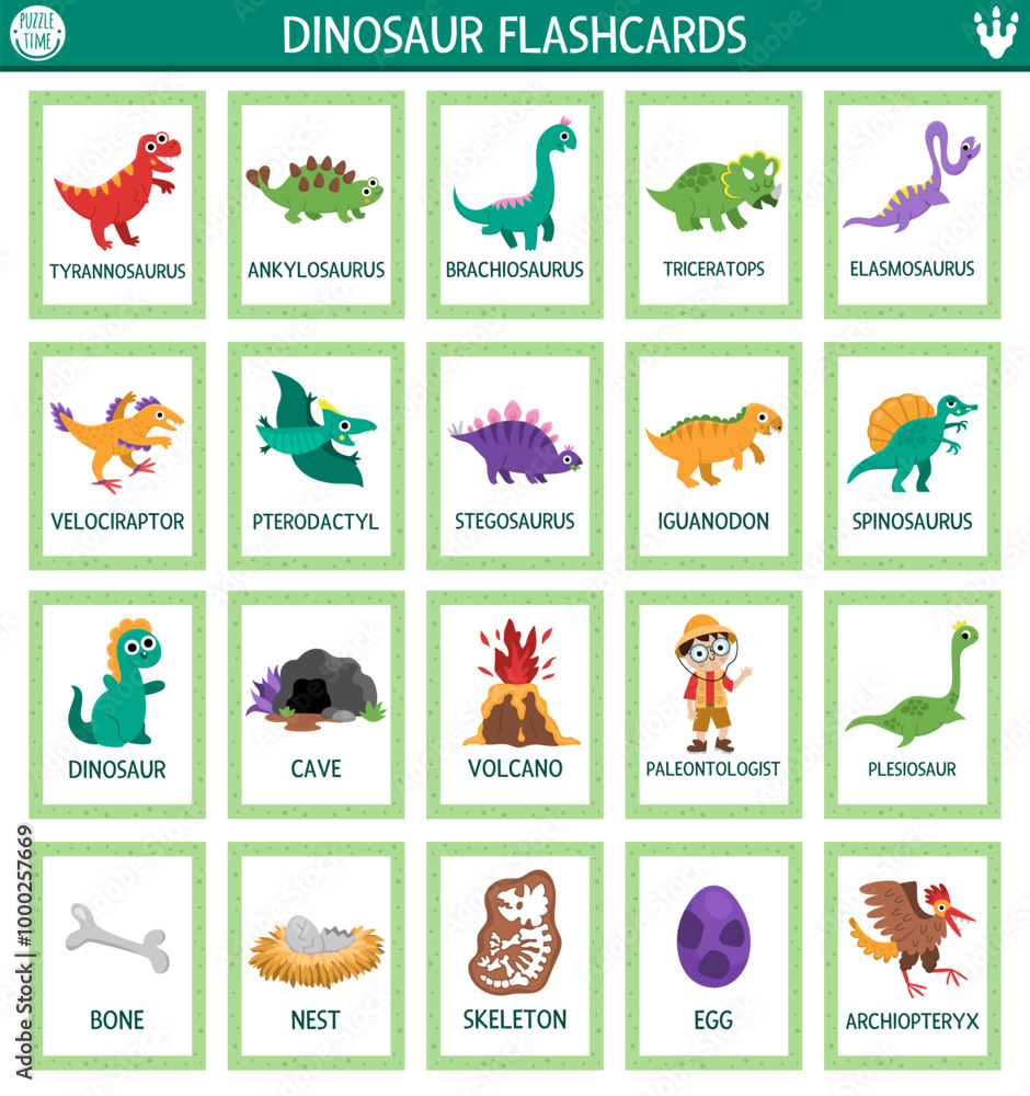 Vector big dinosaur flash cards set with t-rex, triceratops, pterosaur ...