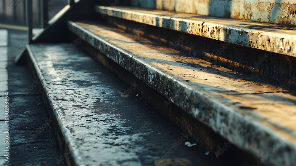 platform, with the textures of the worn stone steps and weathered ...