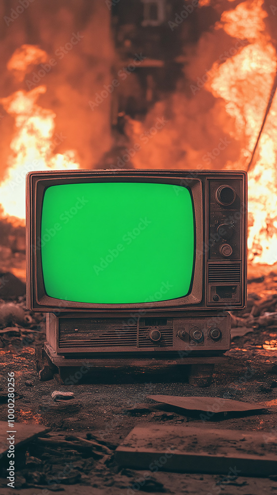 vertical composition green screen tv in front of burned buildings fire ...