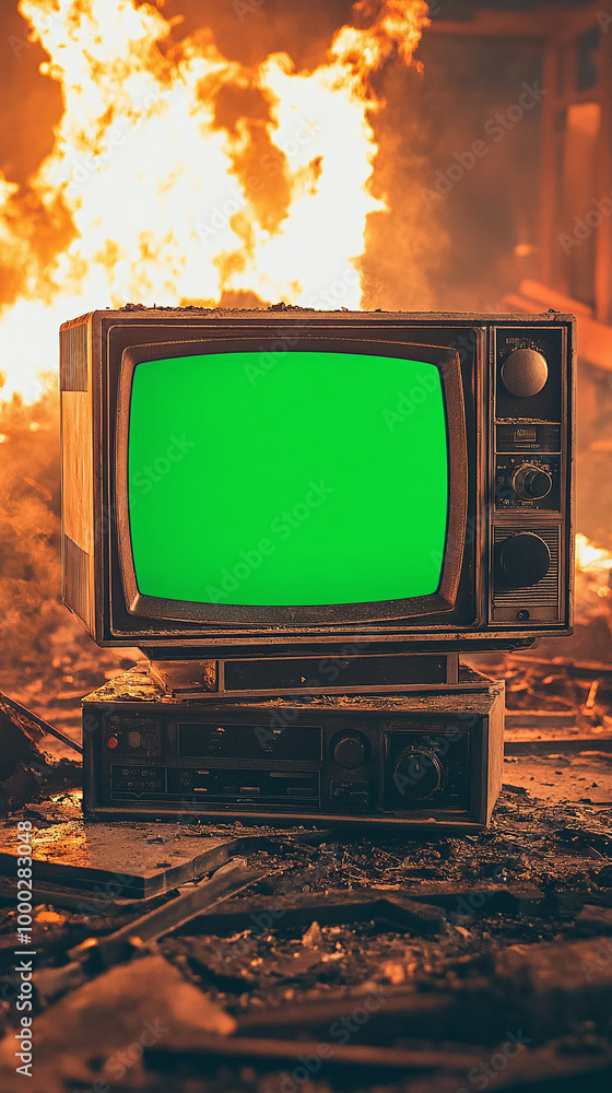 vertical composition green screen tv in front of burned buildings fire ...