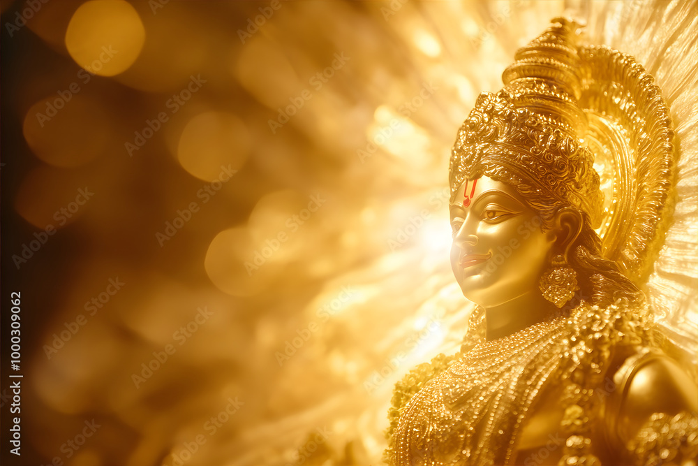 Utpanna Ekadashi banner. Golden Lord Vishnu statue with copy space ...