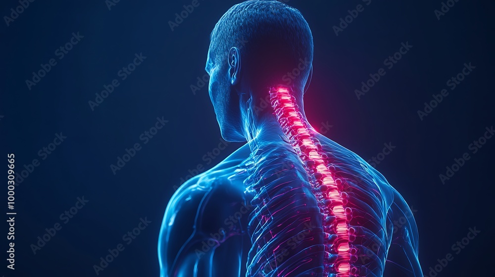 3D medical illustration of a human spine with a highlighted neck area ...