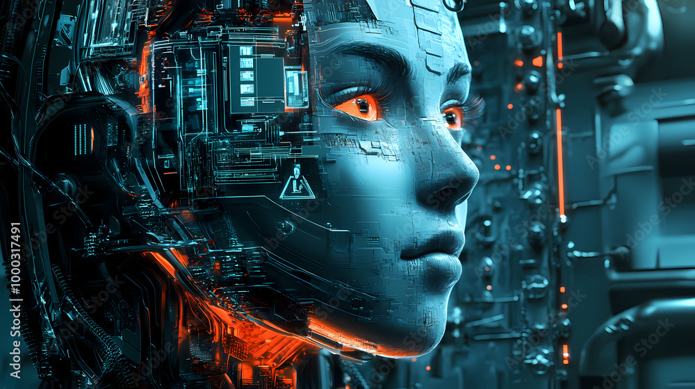 Android head with female face and image of technologies of the fourth ...