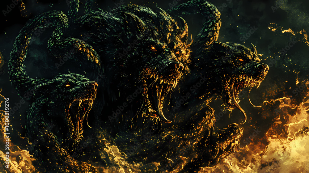 Cerberus, the mythological dog with three heads and a serpent's tail ...