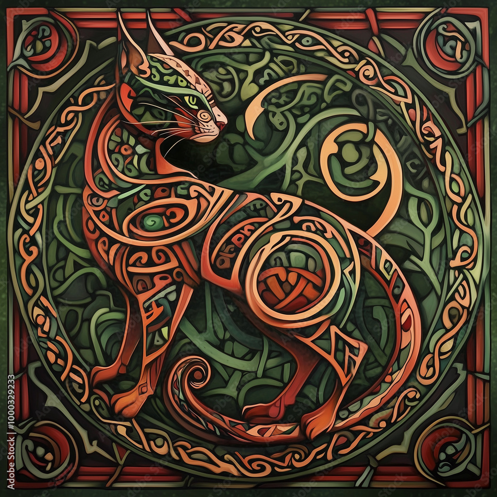 Celtic Cat Knots Knot Green Red Design Art Animal Detailed Abstract ...