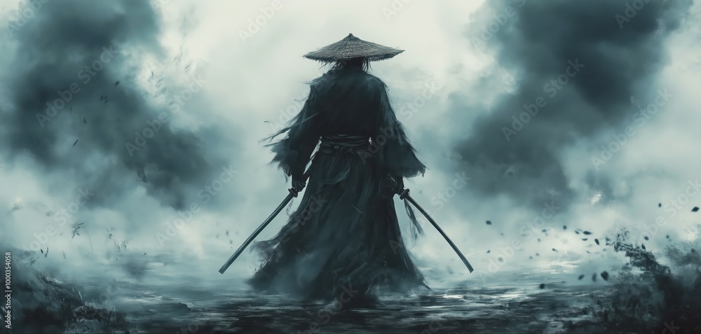 Silhouette of a dark samurai in traditional attire wielding dual ...