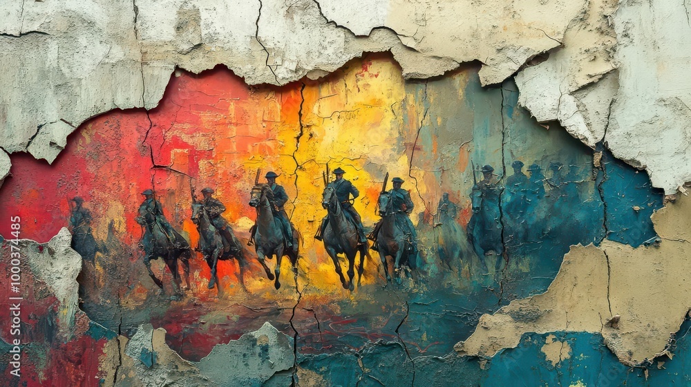 Close-up perspective of a cracked mural depicting a historical event on ...