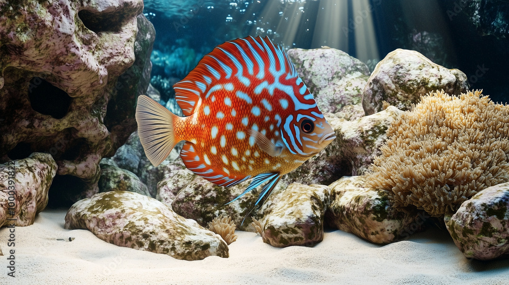 Colorful Discus Fish Swimming Among Rocks in a Sunlit Underwater Coral ...
