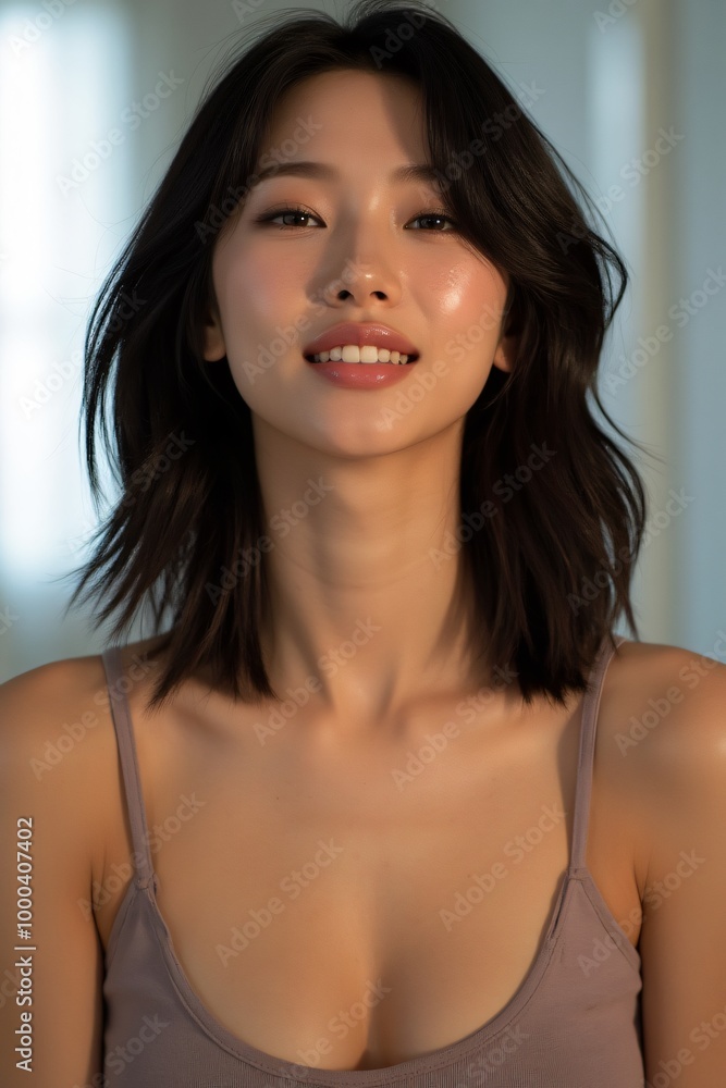 Radiant young Asian woman with smooth complexion poses softly on a light canvas, Cosmetology ...