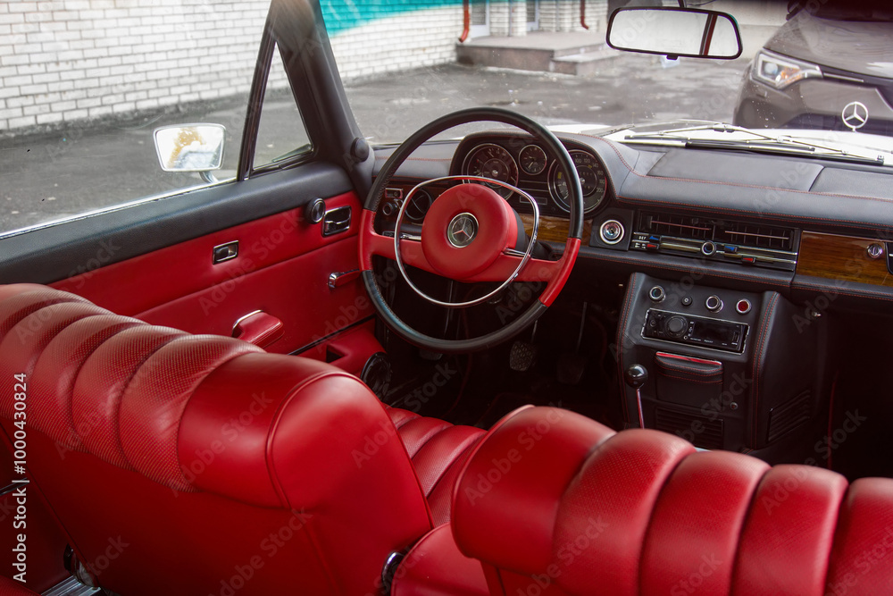 Interior of a classic Mercedes-Benz W114 (W115) 250C coupe. Featuring ...