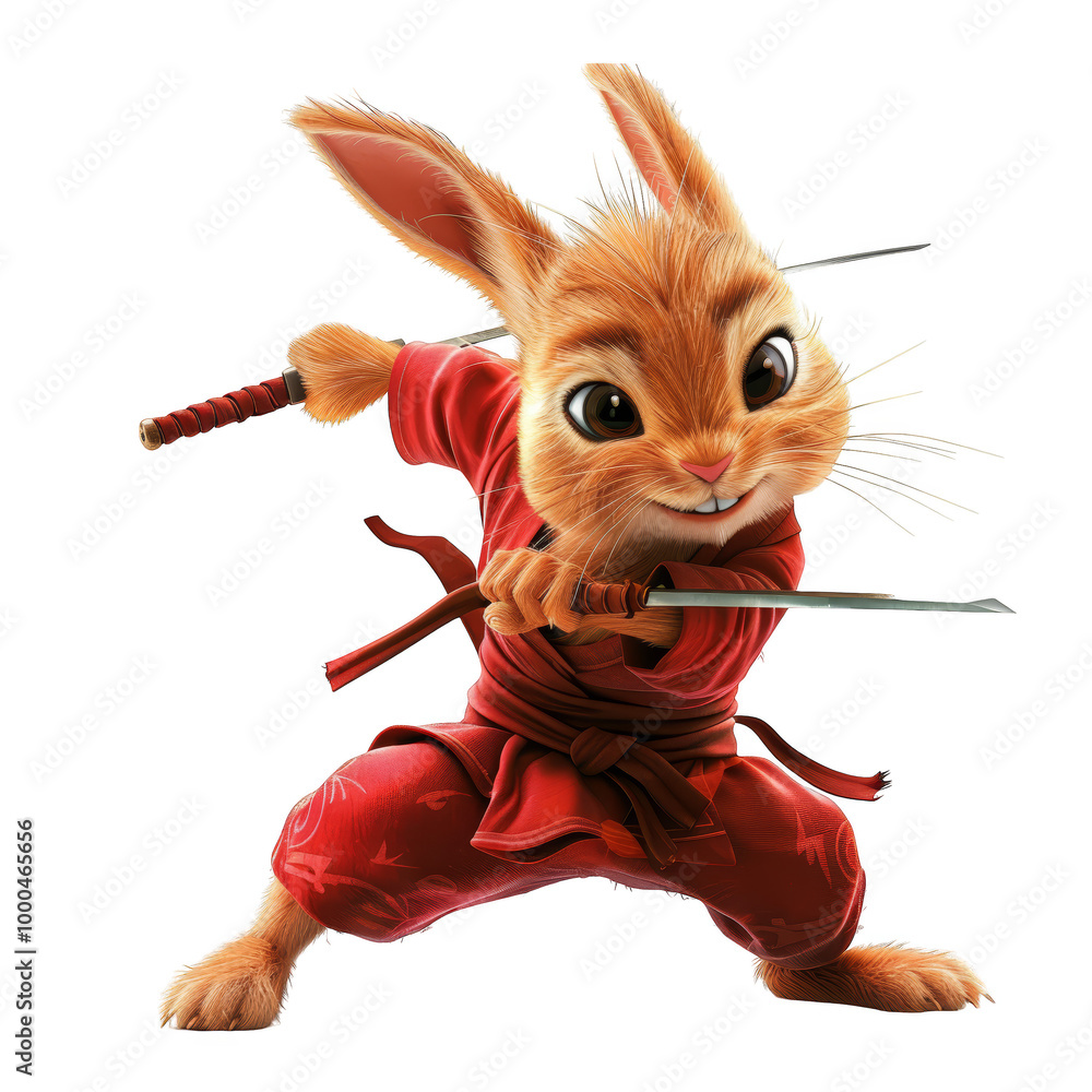 A cute, cartoon bunny dressed in a red ninja suit, holding a sword. の ...