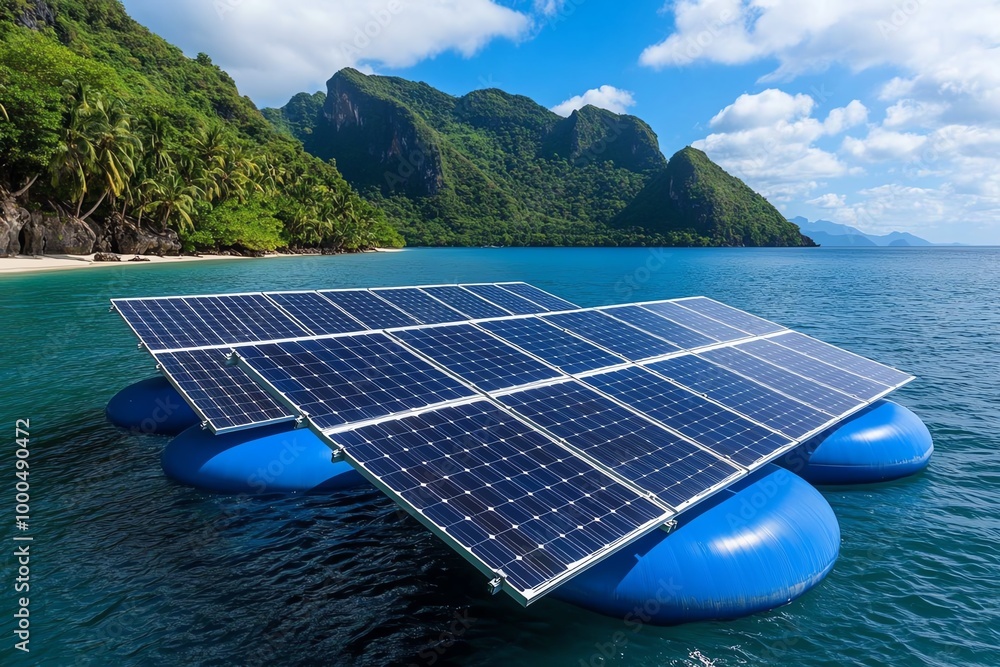 Sustainable coastal development with floating solar panels, capturing ...