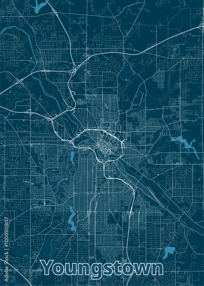 The image depicts a detailed map of Youngstown, Ohio, rendered in a ...