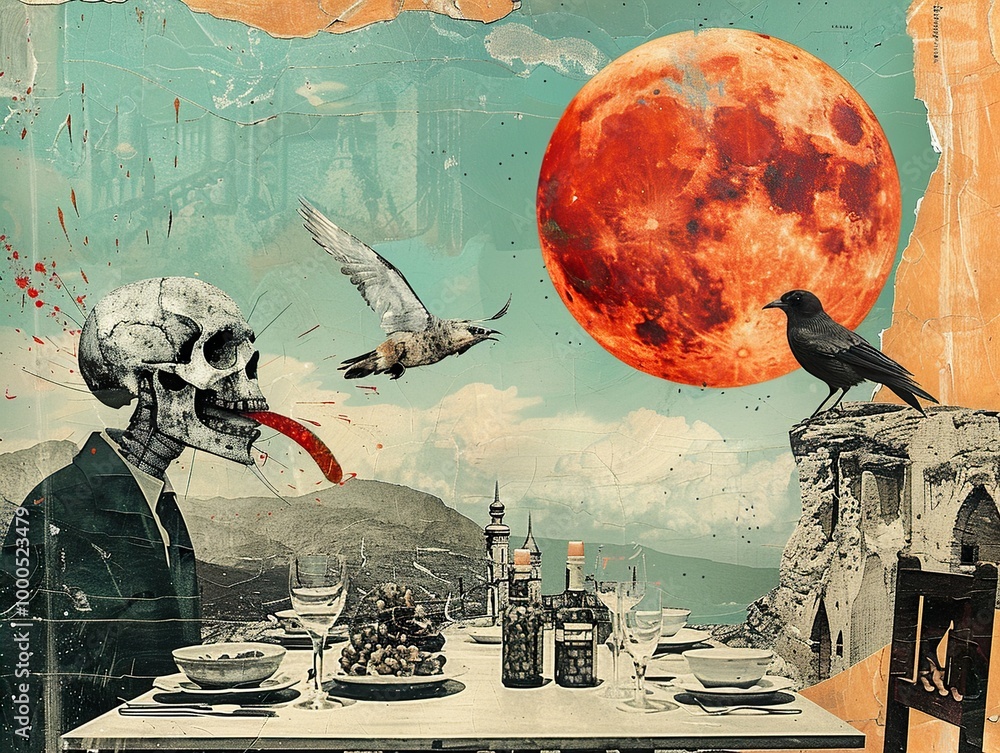 Surreal Collage: A Skull's Last Supper Under a Blood Moon Stock ...