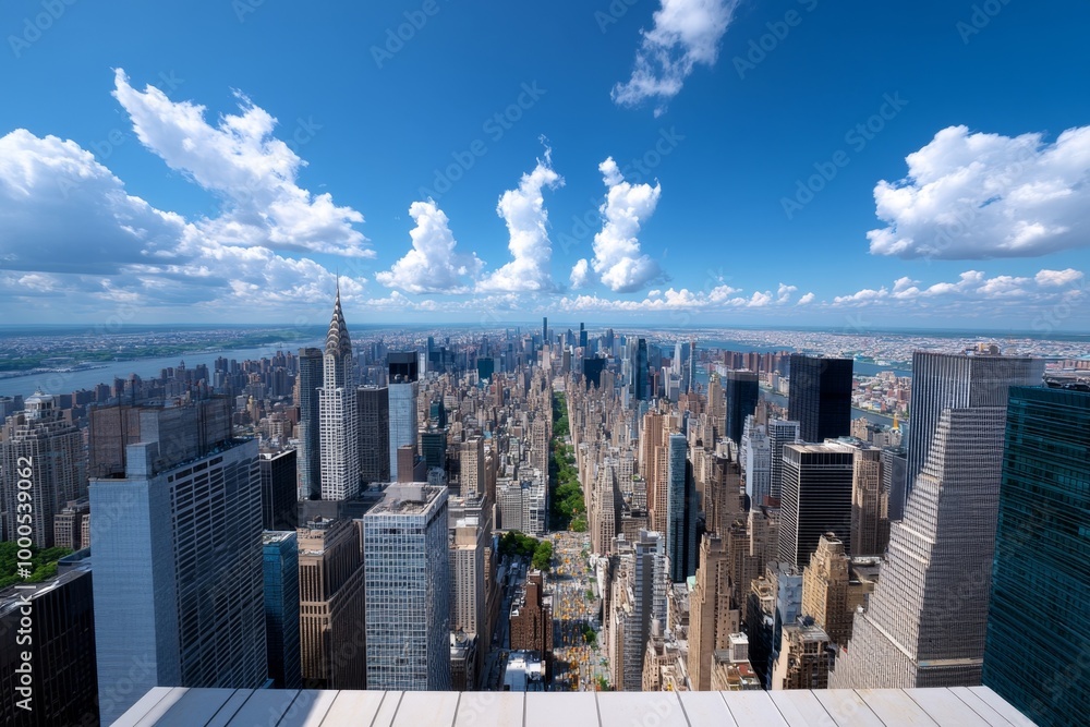An urban city rooftop view, showing the sprawling cityscape below, with ...