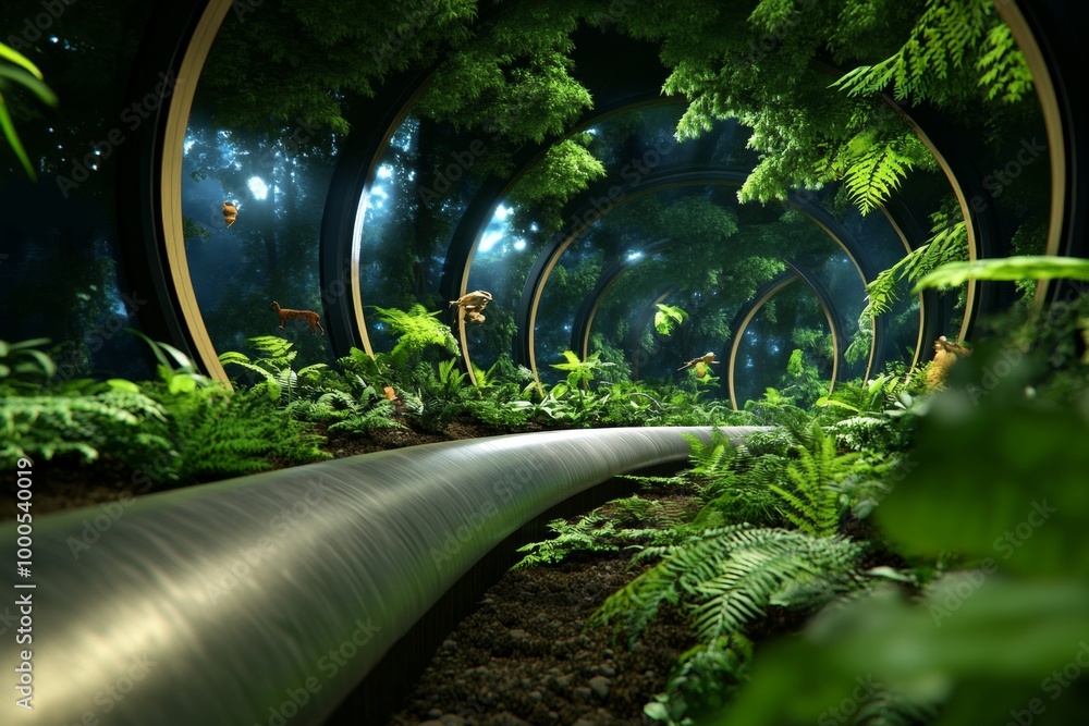 Digital 3D forest ecosystem, with wildlife moving through the trees and ...