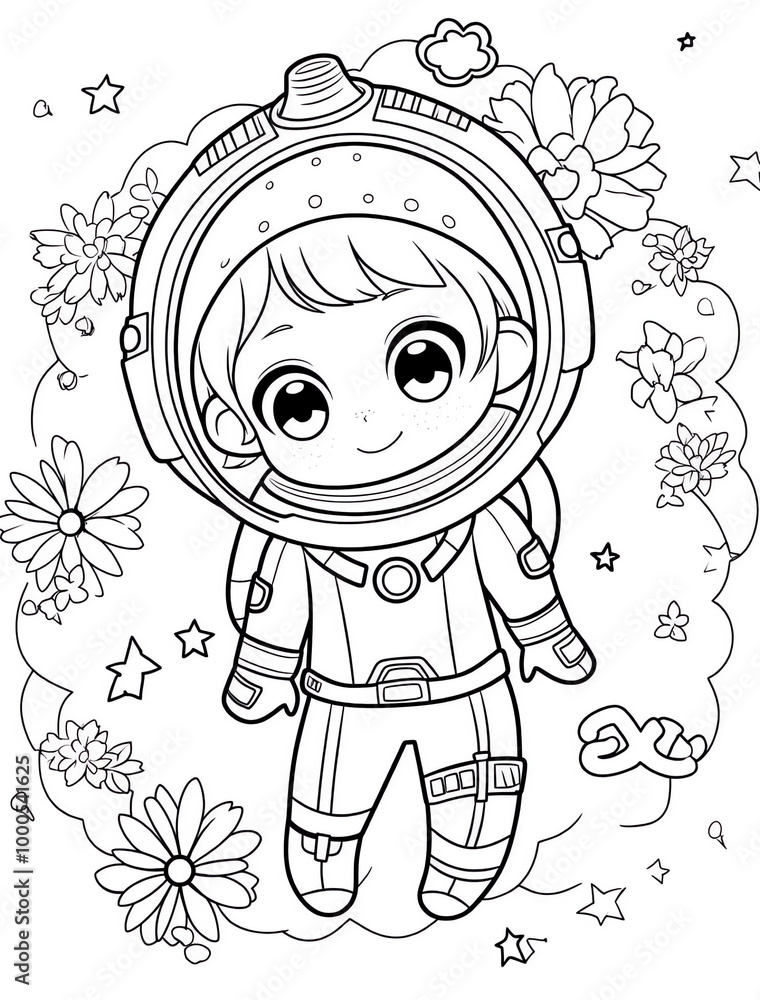 Coloring page for kids, a cute chibi astronaut with flowers in space ...
