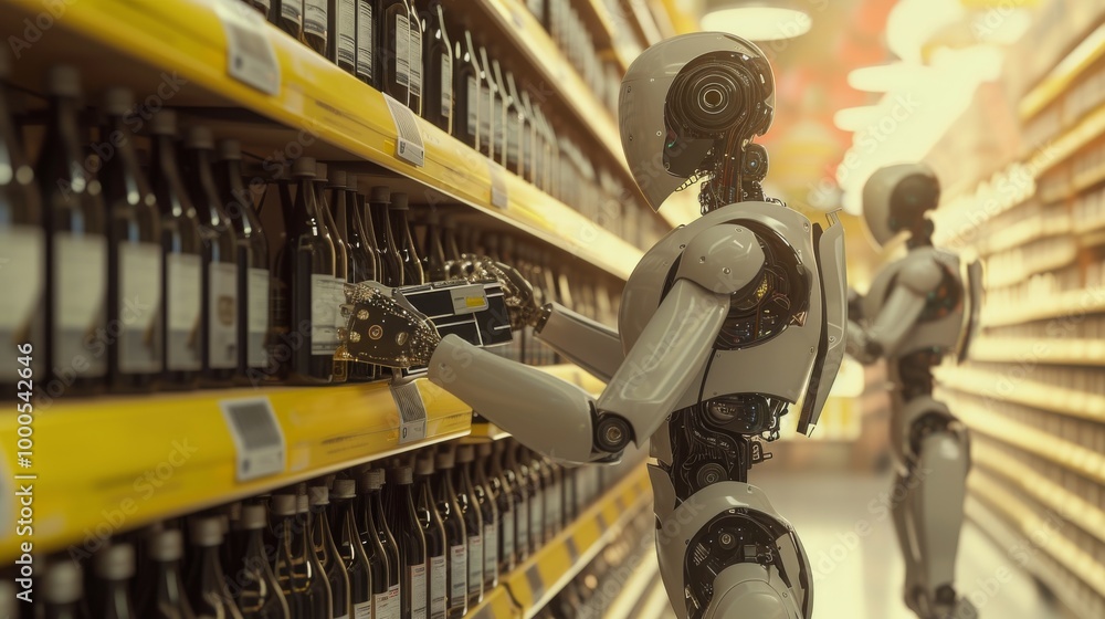 Two humanoid robots efficiently organizing bottles in a grocery store ...