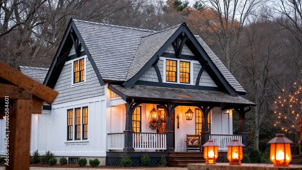 small Tudor-style house with a steeply pitched, gray shingled roof and ...