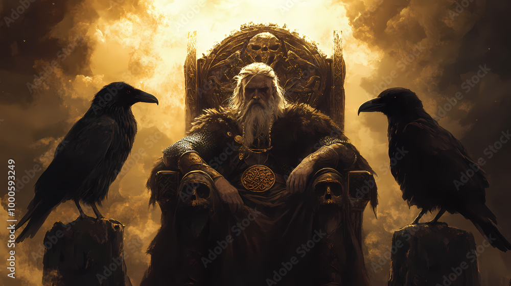 Illustration Stock A mystical scene of odin on his throne in valhalla ...